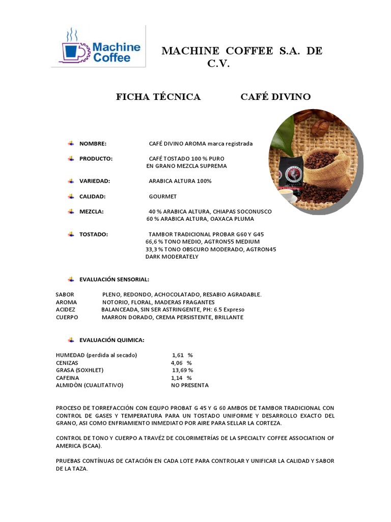 Ficha Tecnica Café Divino 100% Puro | PDF | café | Nutrición