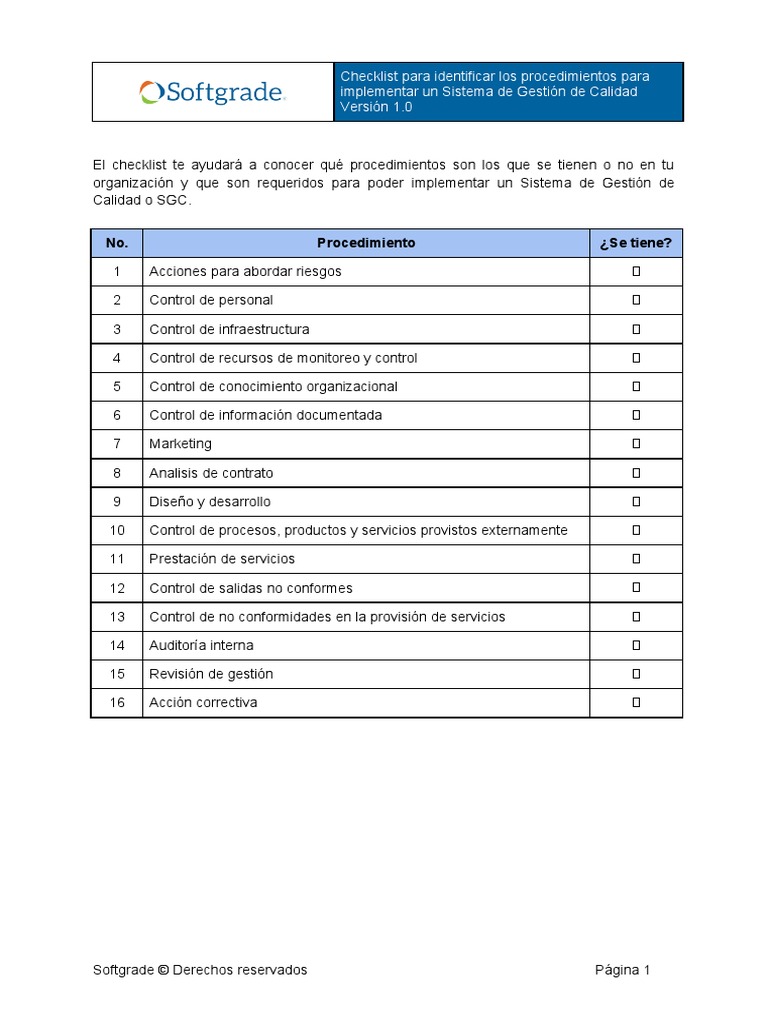 Checklist de Cumplimiento de Procedimientos para Un SGC | PDF
