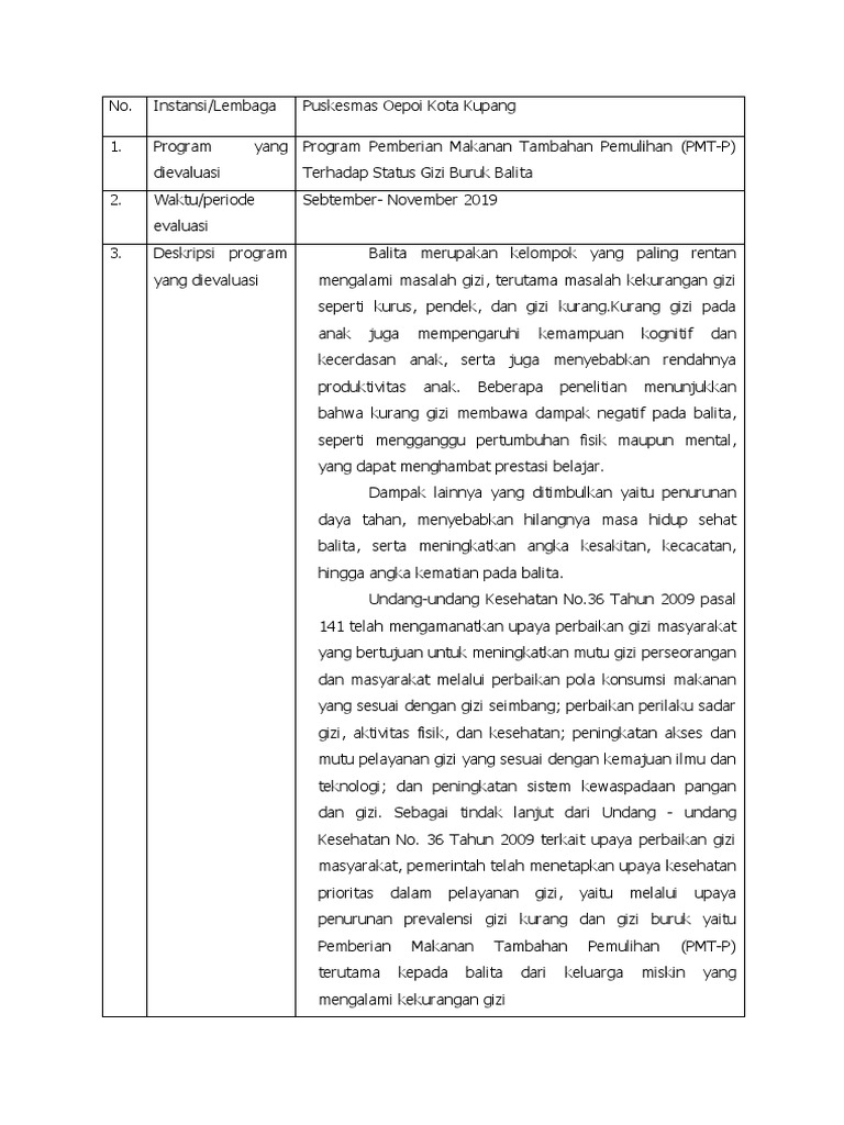 Evaluasi Program PMT-P di Puskesmas Oepoi | PDF