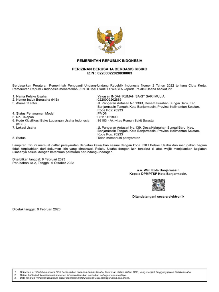 Sertifikat Standar RS Sari Mulia | PDF