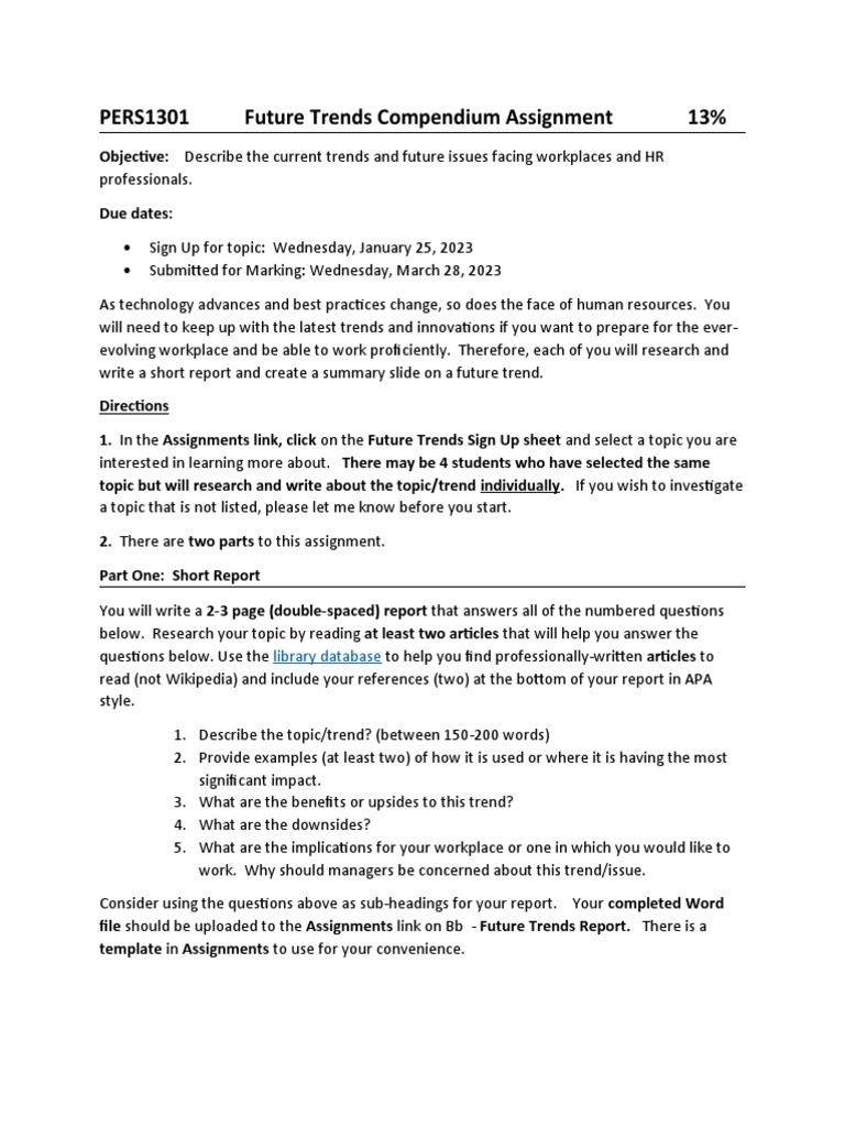Future Trends Assignment - Instructions - PERS1301 | PDF | Communication | Cognition