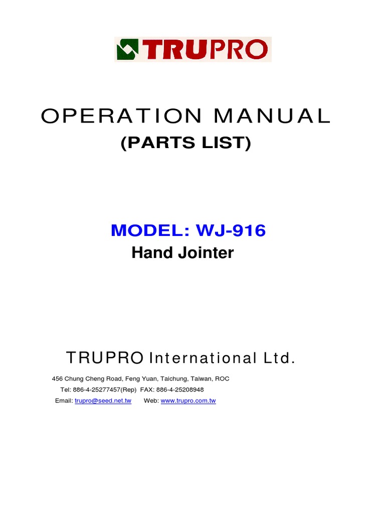 Operation Manual Model WJ-916 Hand Jointer Parts List | PDF | Knife ...