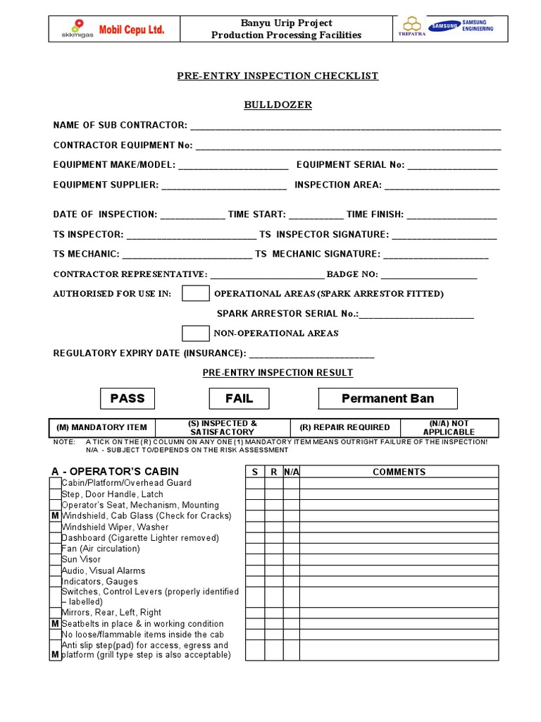 Bulldozer Pre-Entry Inspection Checklist | PDF | Vehicle Technology ...