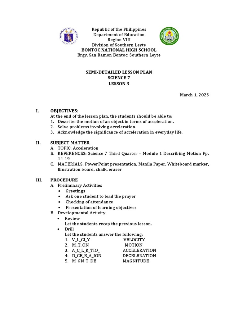 Acceleration Lesson Plan for Science 7 | PDF | Acceleration | Speed