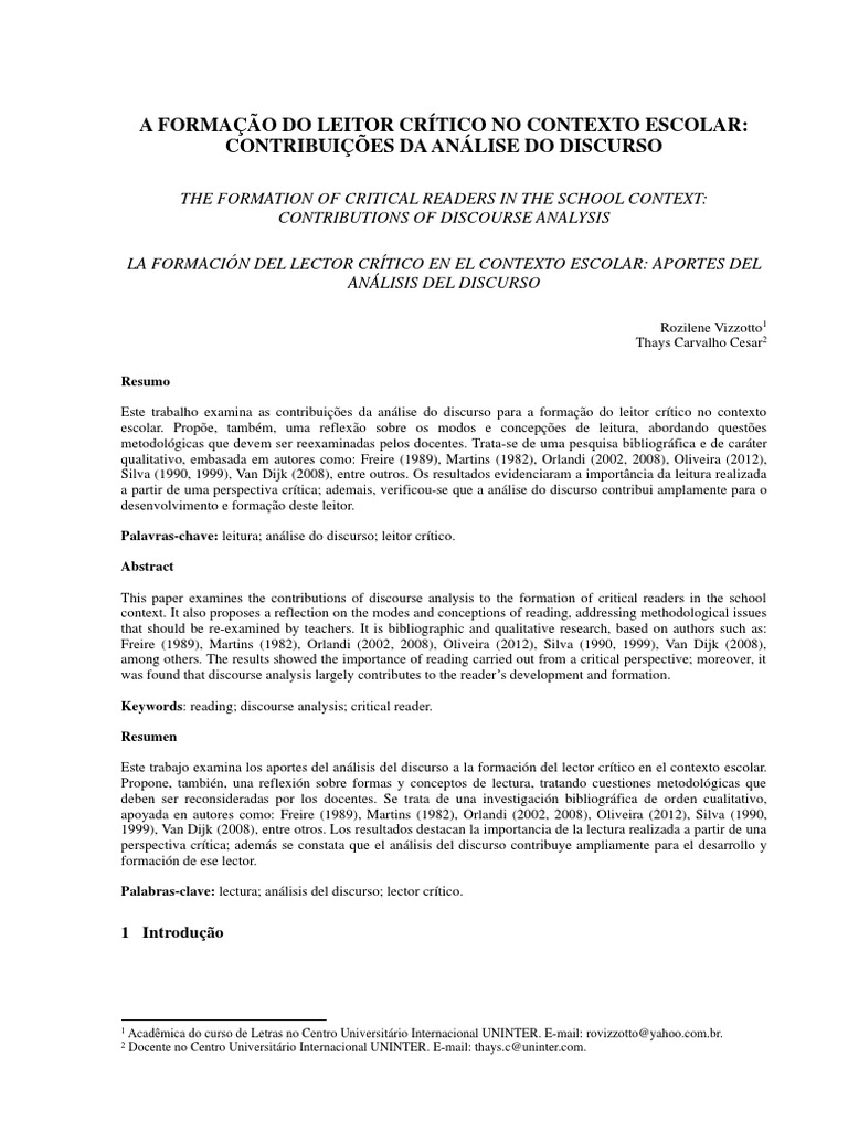 13 - A Formação Do Leitor Crítico No Contexto | PDF | Aprendizado ...