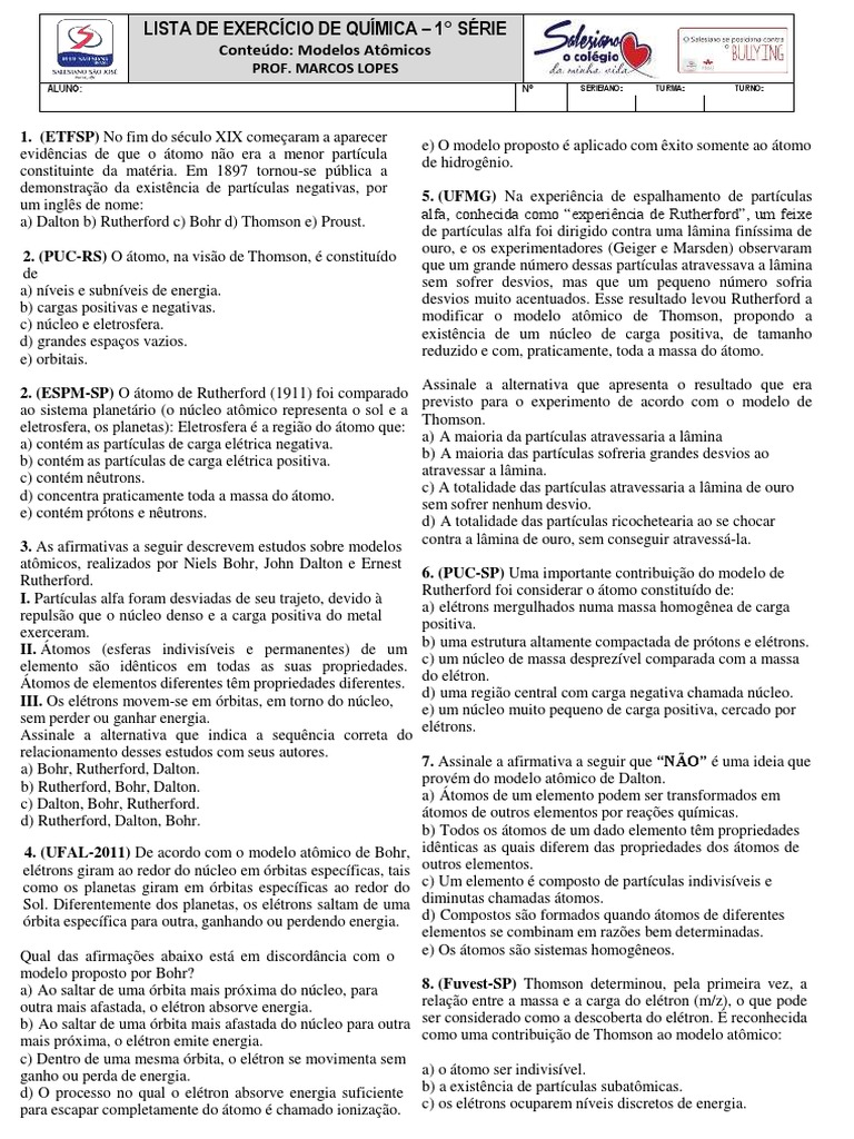 Lista de Exercício de Química - 1° Série | PDF | Elétron | Núcleo atômico