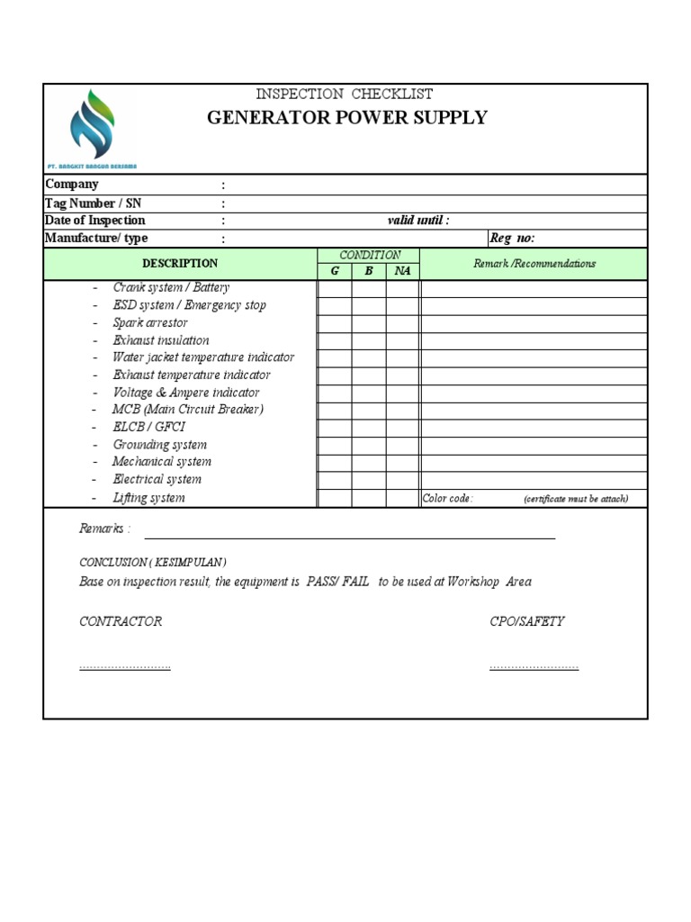 Generator Power Supply: Inspection Checklist | PDF