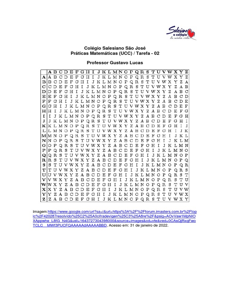 Colégio Salesiano São José Práticas Matemáticas (UCC) / Tarefa - 02 Professor Gustavo Lucas | PDF