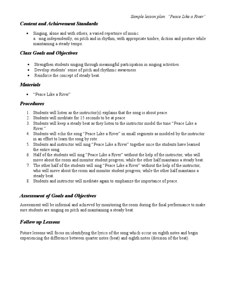 Content and Achievement Standards: Sample Lesson Plan: "Peace Like A ...