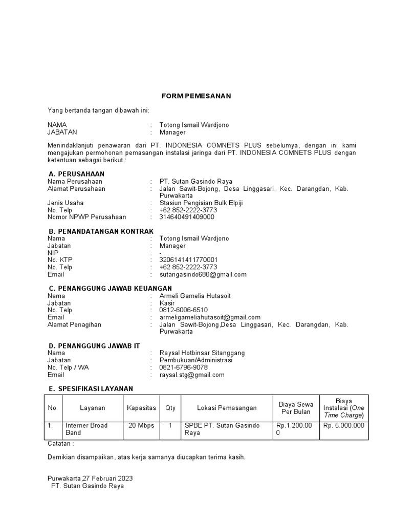 FORM PEMESANAN Pelanggan Baru | PDF
