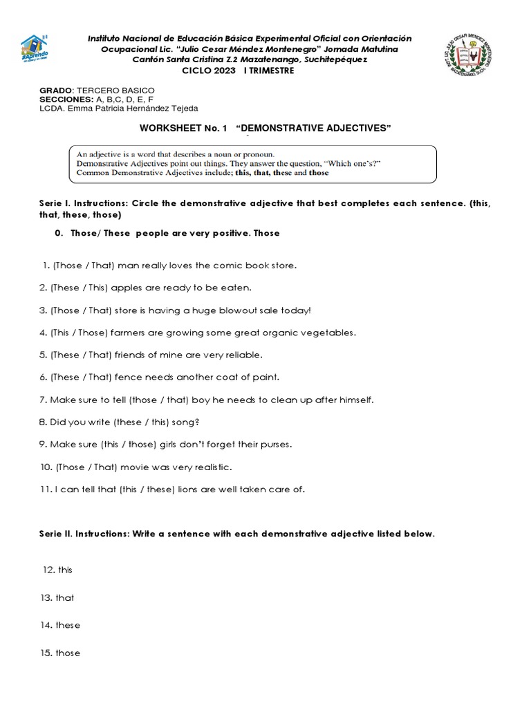 Worksheet No. 1 Demonstrative Adjectives | PDF