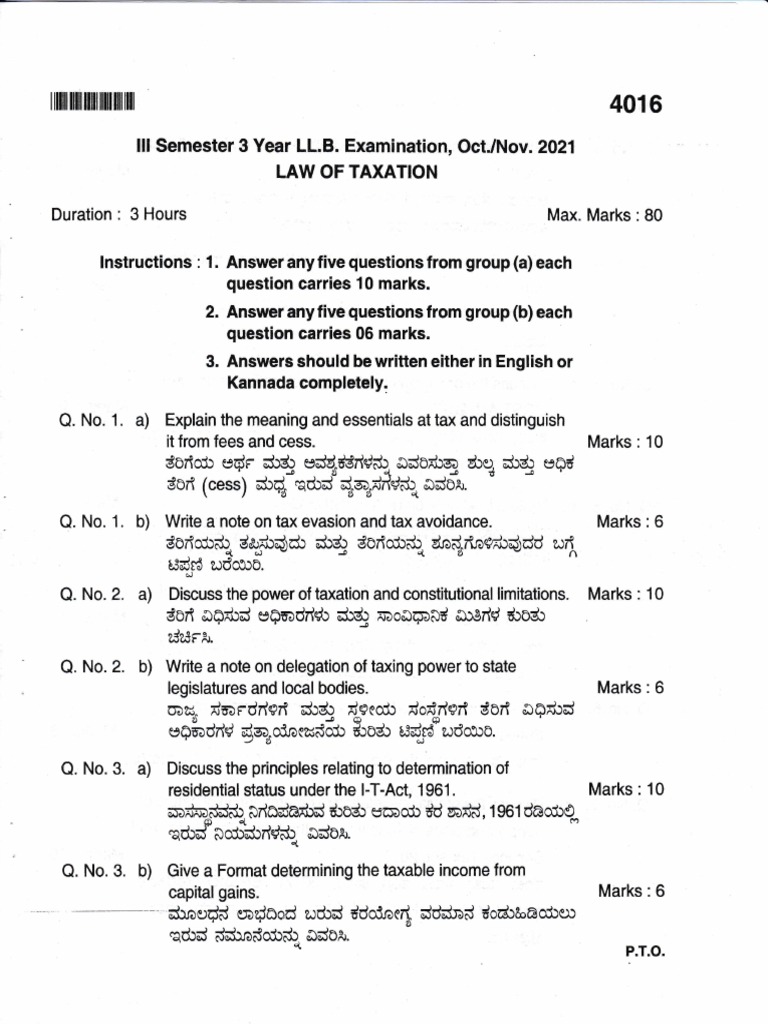 Law of Taxation Examination: Questions Covering Key Aspects of Taxation ...
