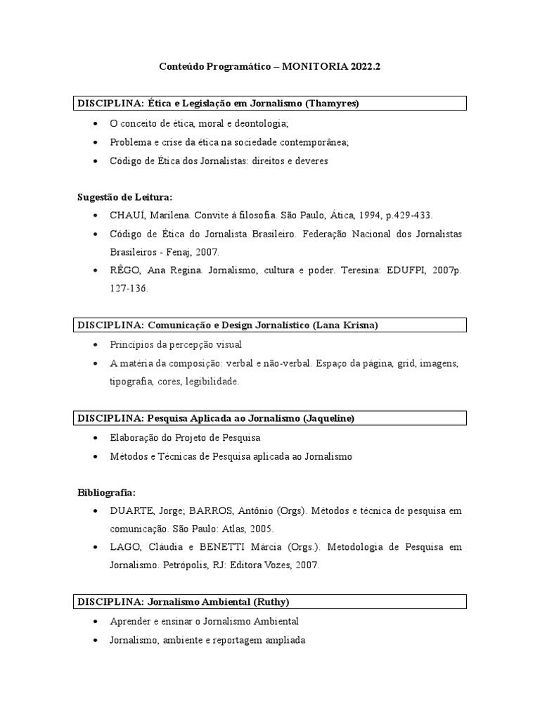 Conteúdo Programático 2022 - 2 | PDF | Jornalismo | Comunicação