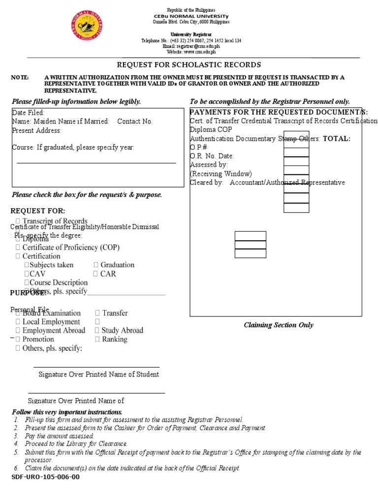 Request for Scholastic Records Form | PDF