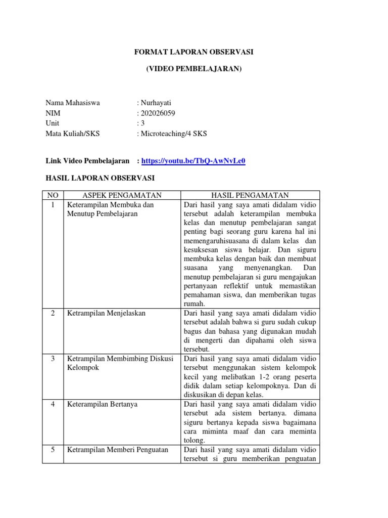 Format Laporan Observasi (Video Pembelajaran) | PDF