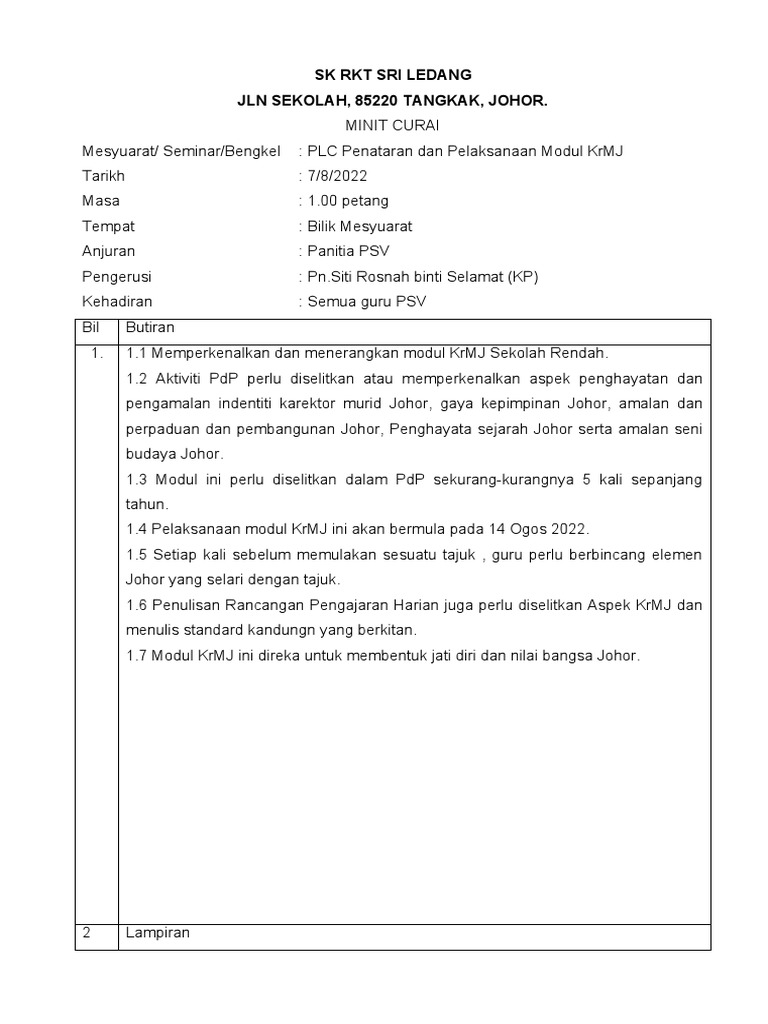 SK RKT SL - Minit Curai PLC Modul KRMJ Sek Rendah 2022 | PDF