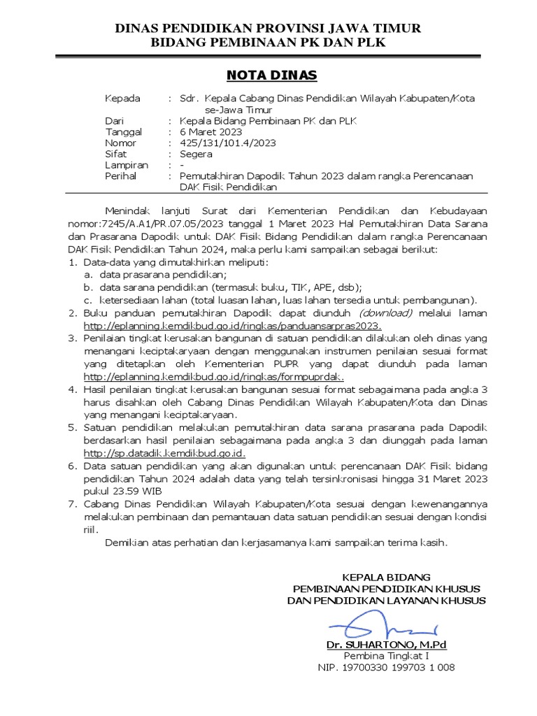 Nota Dinas Pemutakhiran Dapodik 2023 | PDF