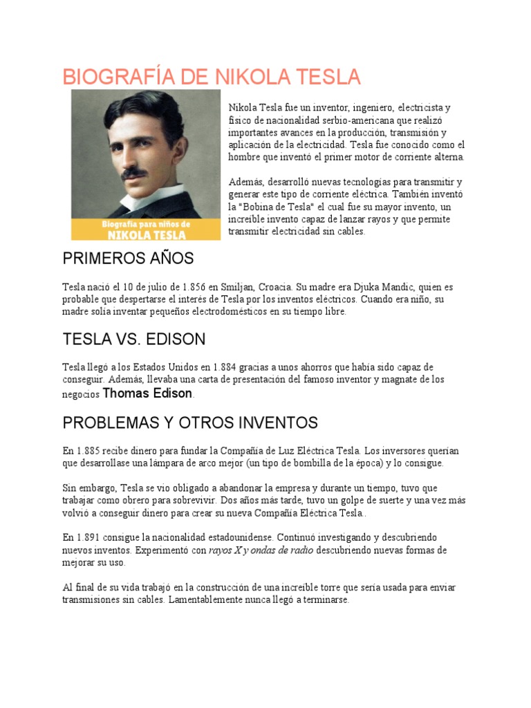 Biografía de Nikola Tesla | PDF | Nikola Tesla | Ingenieria Eléctrica Biografía de Nikola Tesla | PDF | Nikola Tesla | Ingenieria Eléctrica