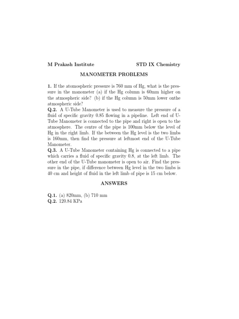 Manometer Extra Problems | PDF | Science & Mathematics | Technology ...