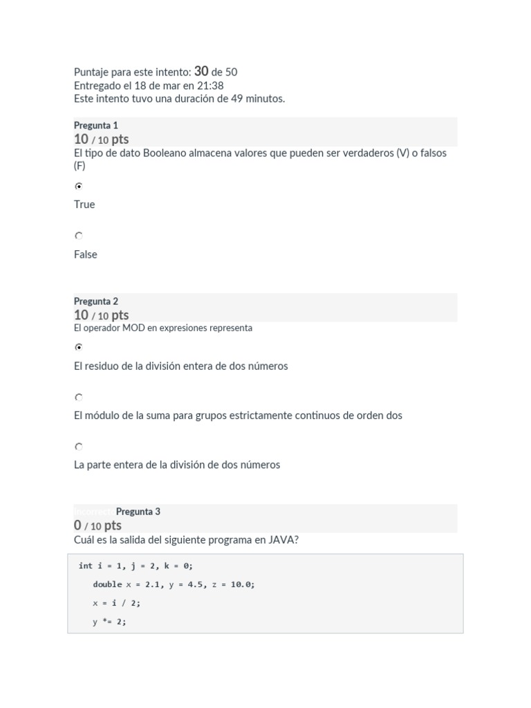 Quiz 1 Semana 2 Segundo Intento | PDF | Java (lenguaje de programación ...