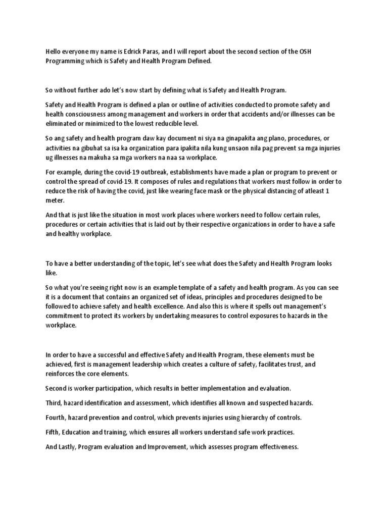 OSH Program | PDF | Occupational Safety And Health | Safety