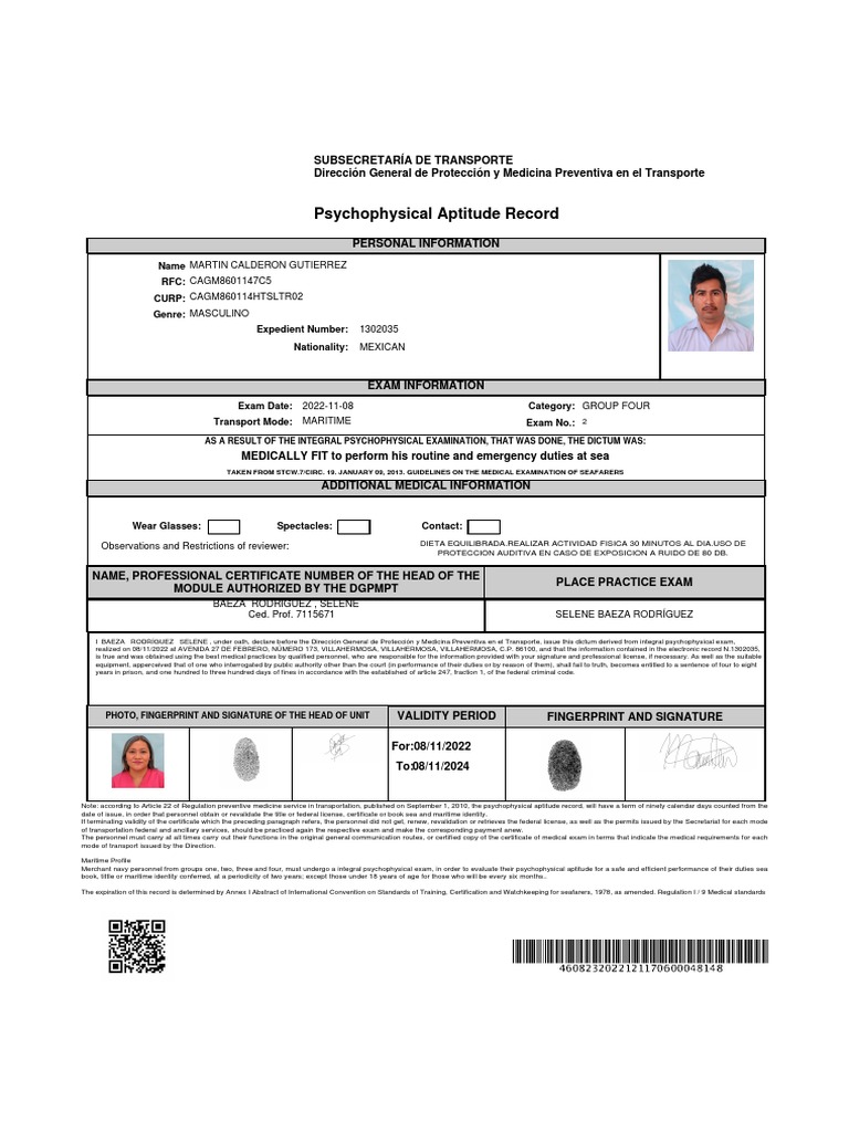 Psychophysical Aptitude Record: Name RFC: Curp: Genre: Expedient Number ...
