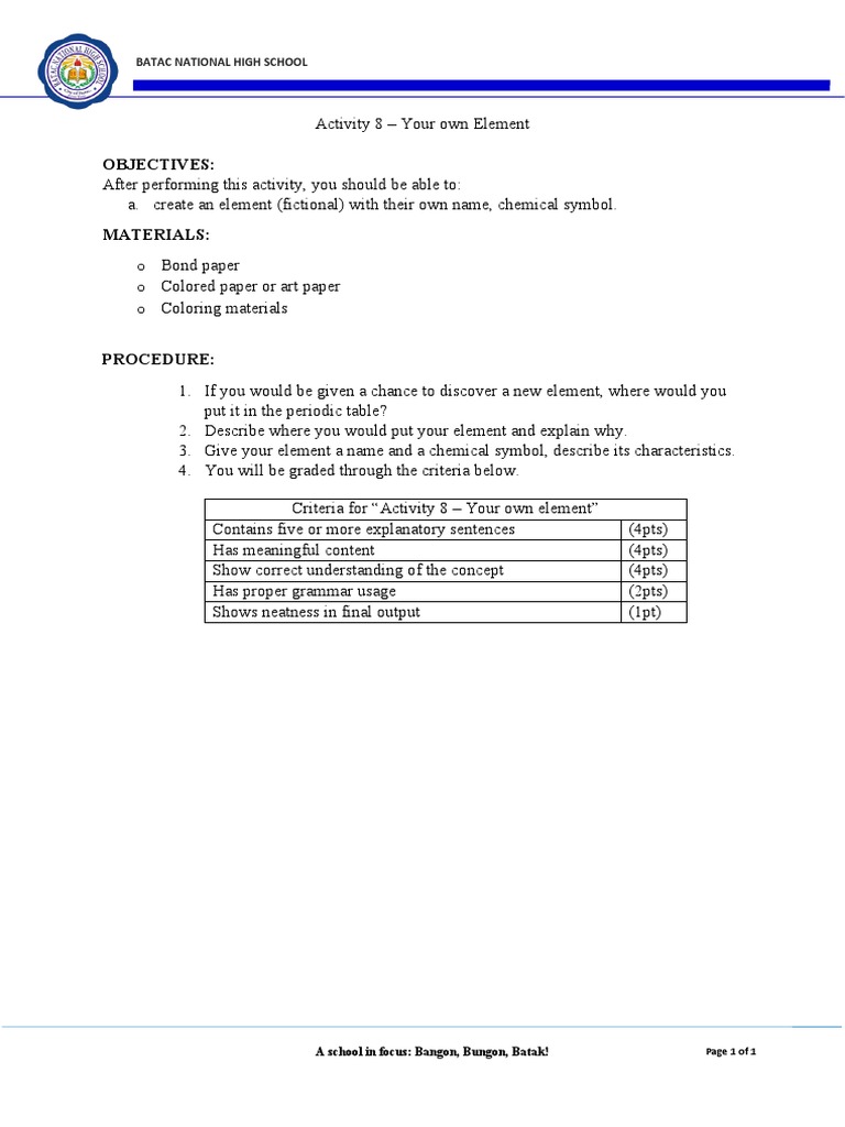 GRADE 8 Activity 8 - Your Own Element | PDF