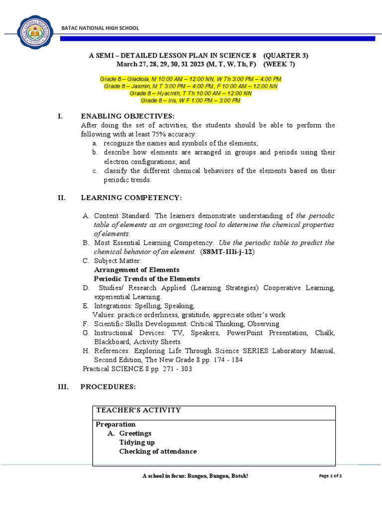 Q3W7 A Semi - Detailed Lesson Plan in Science | PDF | Periodic Table ...