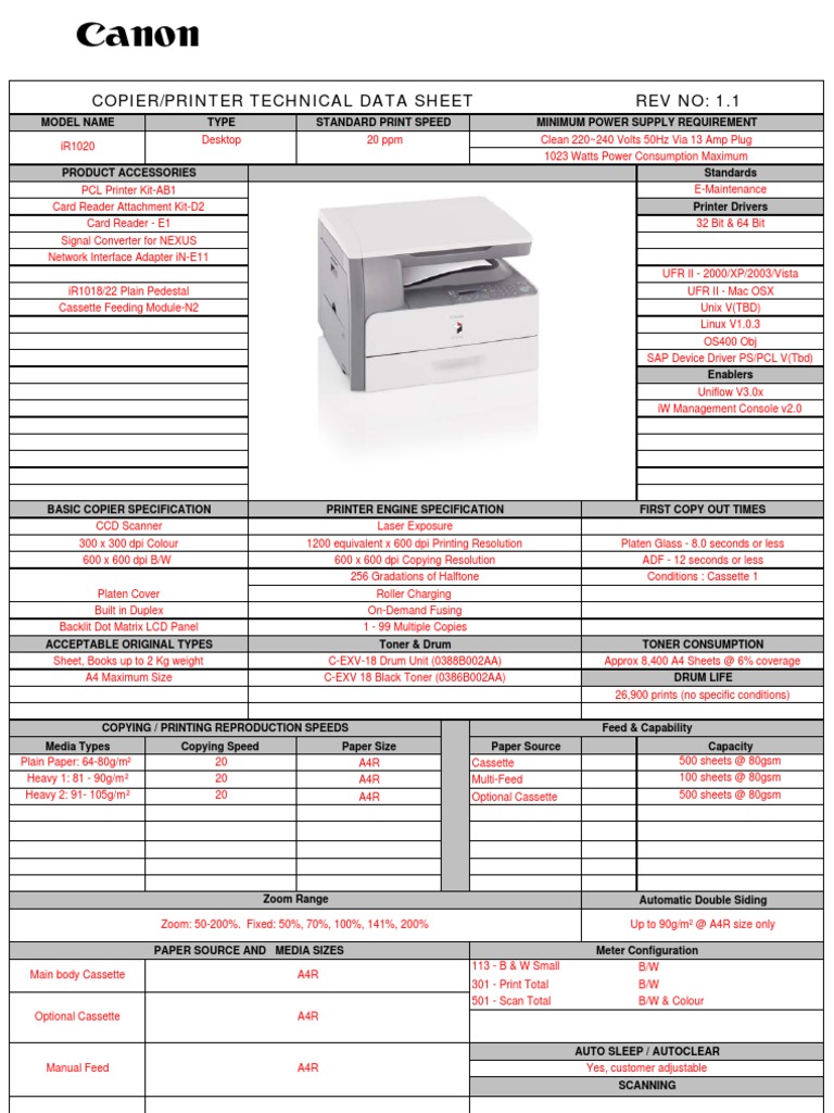 Canon iR1020 Technical Data Sheet | Printer (Computing) | Image Scanner