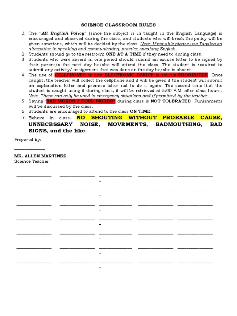 Middle School Science Class Rules | PDF | Teachers