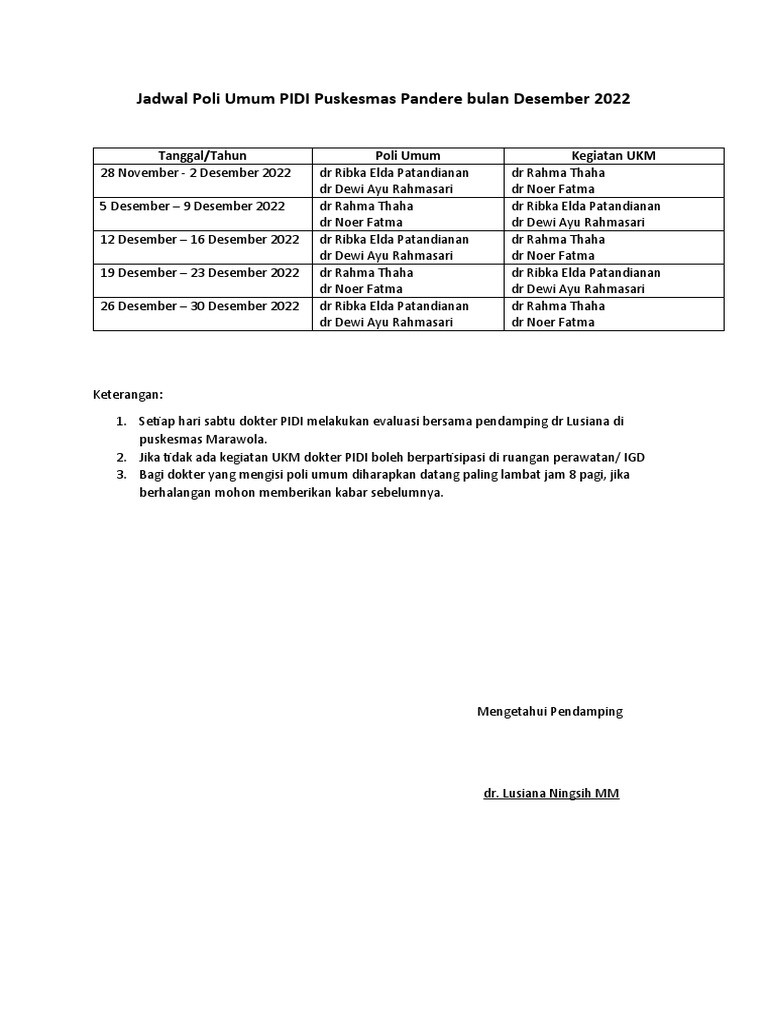 Jadwal Poli Umum PIDI Puskesmas Pandere Bulan Desember 2022 | PDF