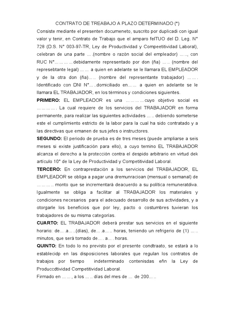 CONTRATO DE TREABAJO A PLAZO DETERMINADO - Docx Thalia Quispe Jurado | PDF | Derecho laboral ...