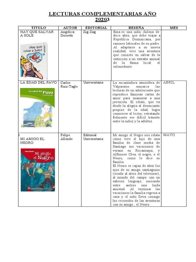 Libros Lectura Complementaria 6° Basico | PDF