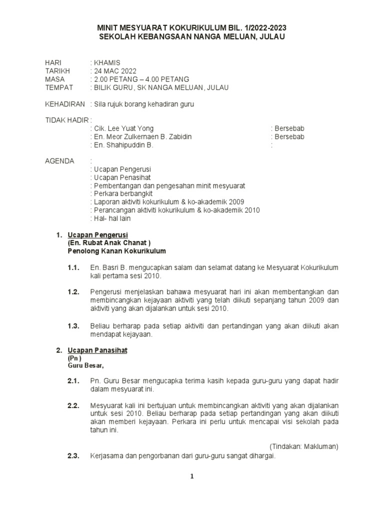 Minit Mesyuarat Kokurikulum | PDF