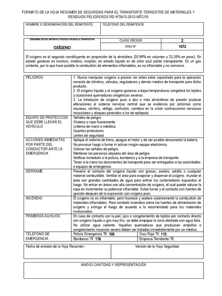 Formato de La Hoja Resumen de Seguridad para El Transporte Terrestre de ...