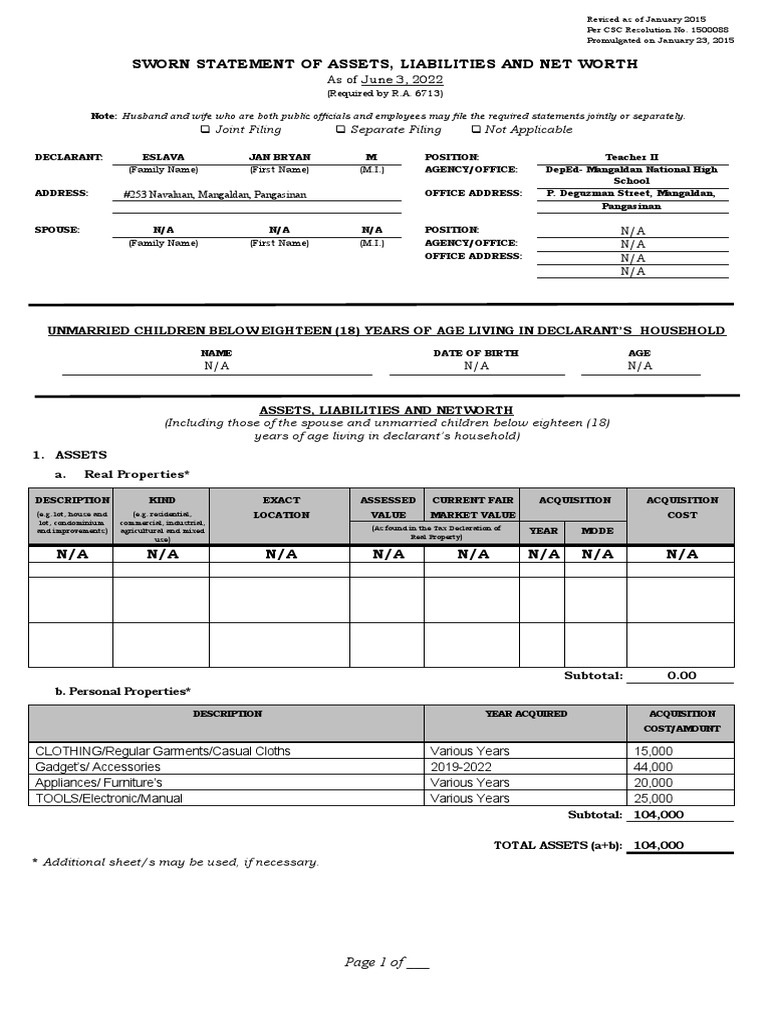 Saln-Form - Jan Bryan M. Eslava | Download Free PDF | Net Worth | Money