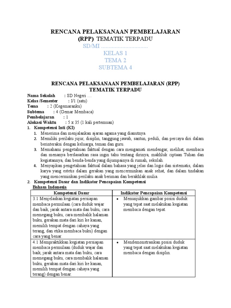 Rpp kelas 1 sd TEMA 2 | PDF