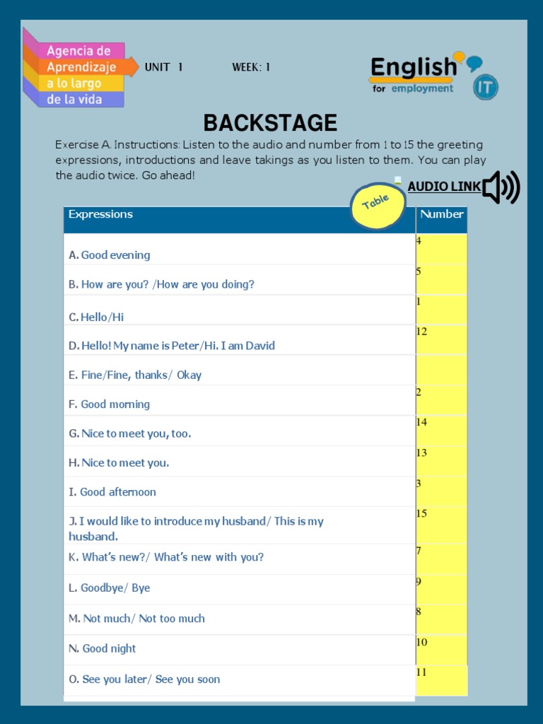 Backstage - Week 1. Greetings 2 | PDF