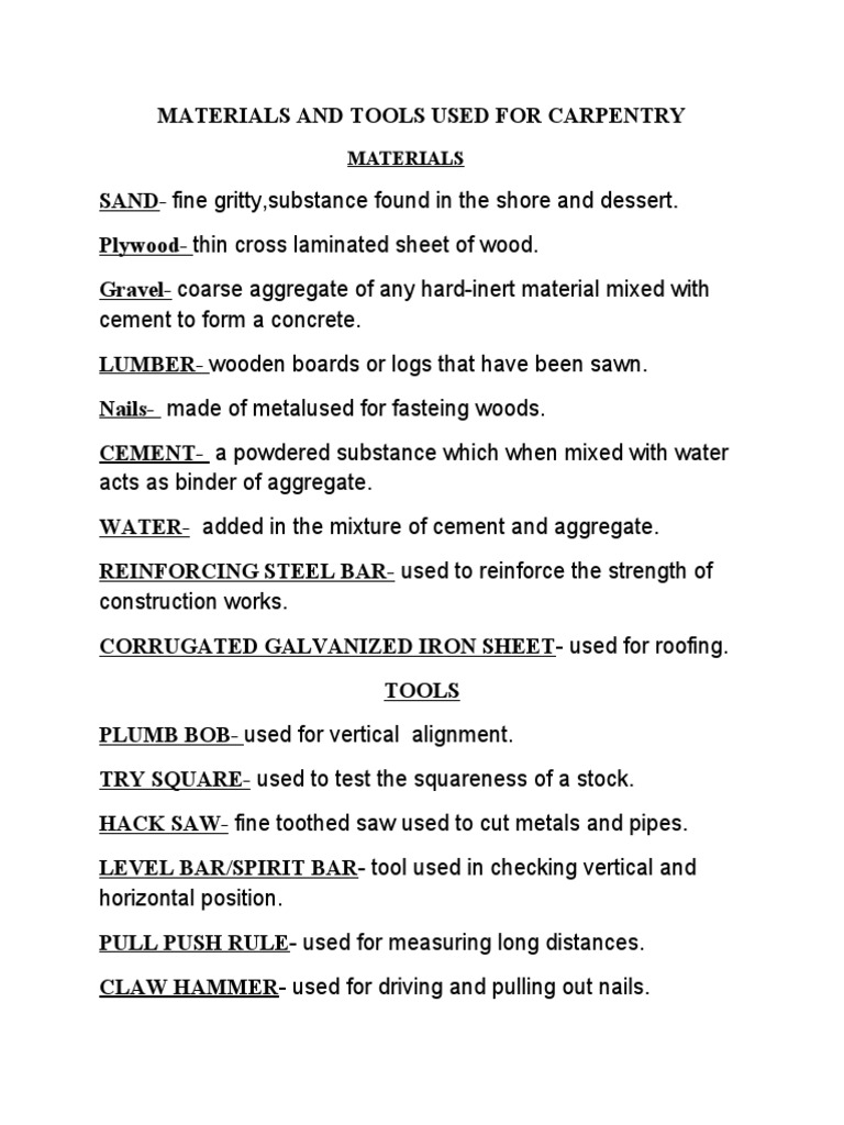 Carpentry Tools and Materials List | PDF | Home & Garden