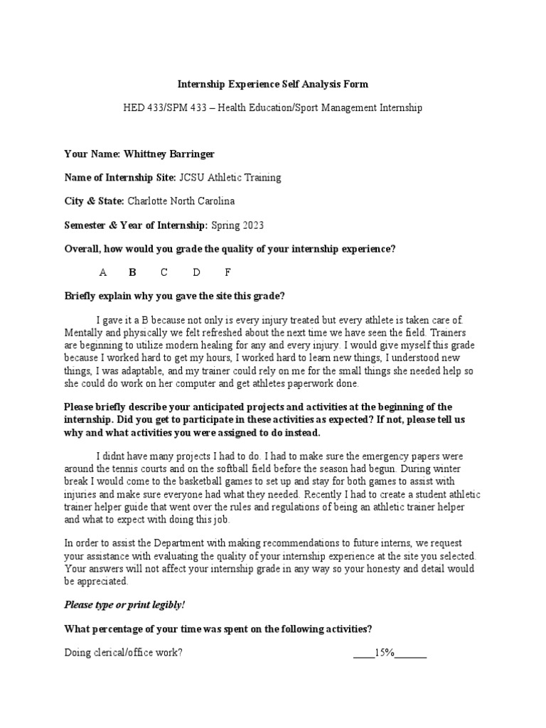 Whittney Barringer Self Analysis Form - Hed | PDF | Psychology