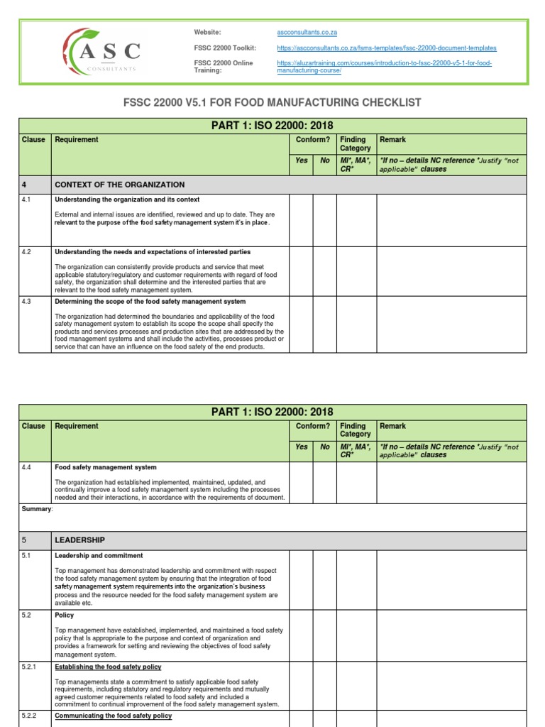 FSSC 22000 V5.1 For Food Manufacturing Checklist: PART 1: ISO 22000: 2018 | PDF | Food Safety ...