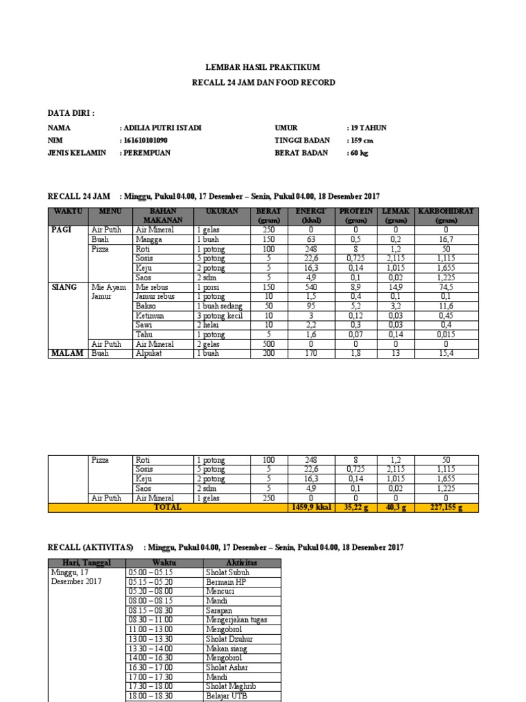 Lembar Hasil Praktikum Recall 24 Jam Dan Food Record Data Diri | PDF