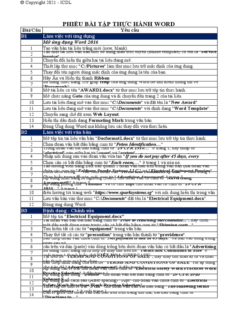 ICDL-Phieu Bai Tap Word Procesing | PDF