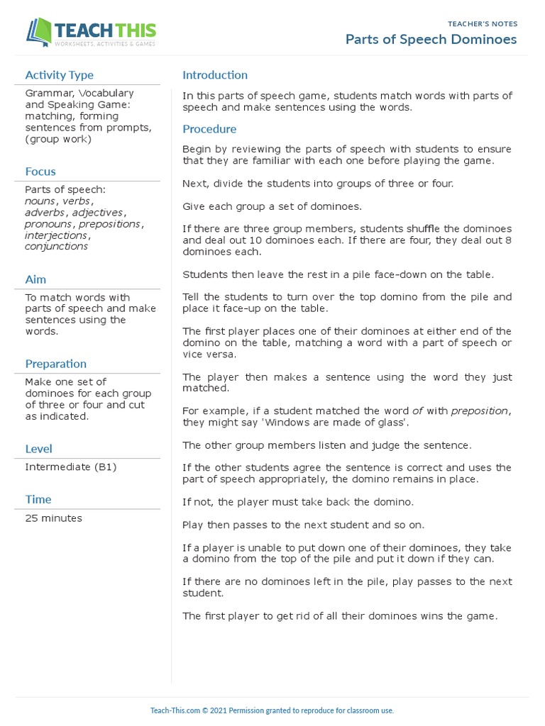 Parts of Speech Dominoes | PDF | Part Of Speech | Adverb