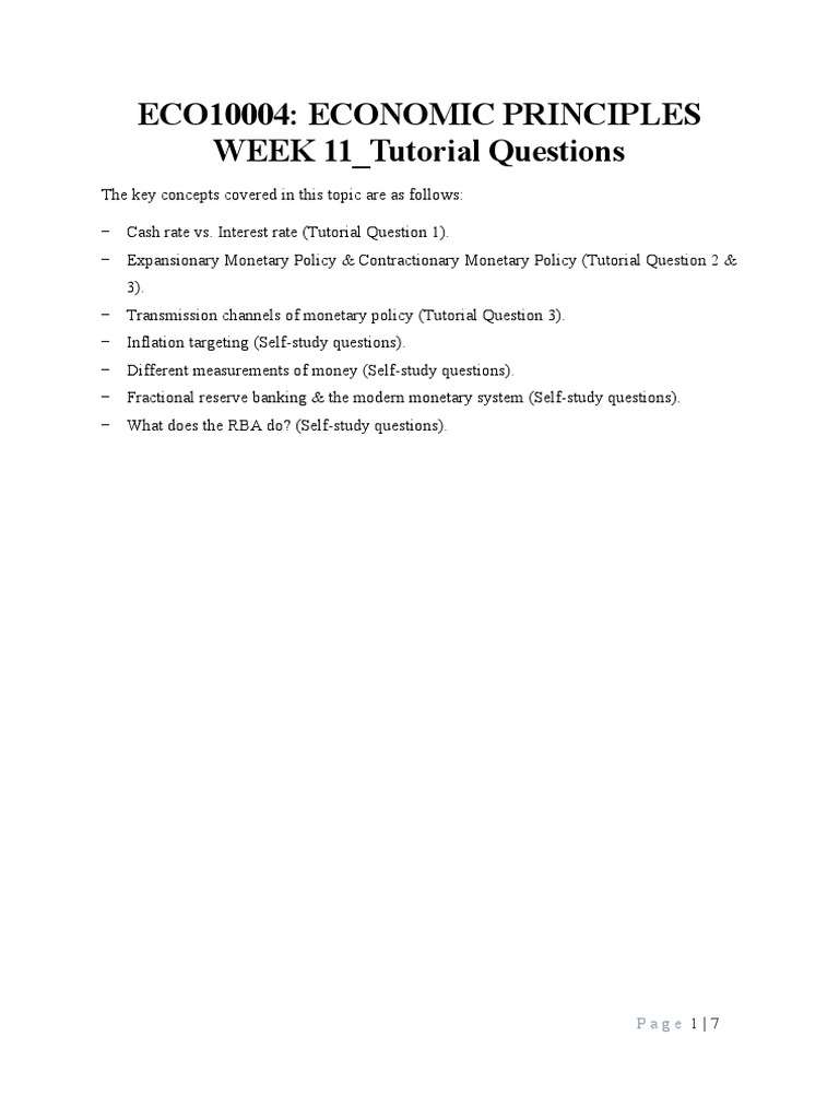 Week 11 Tutorial Questions Pdf Monetary Policy Interest Rates
