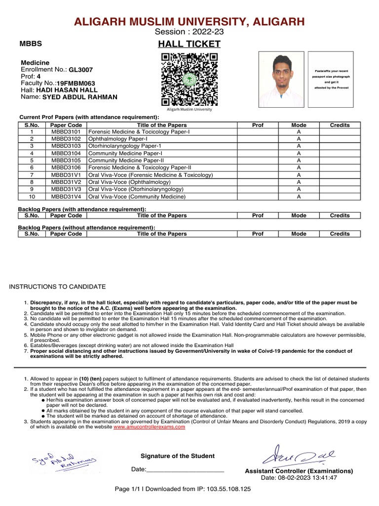 AMU MBBS Hall Ticket Instructions | PDF
