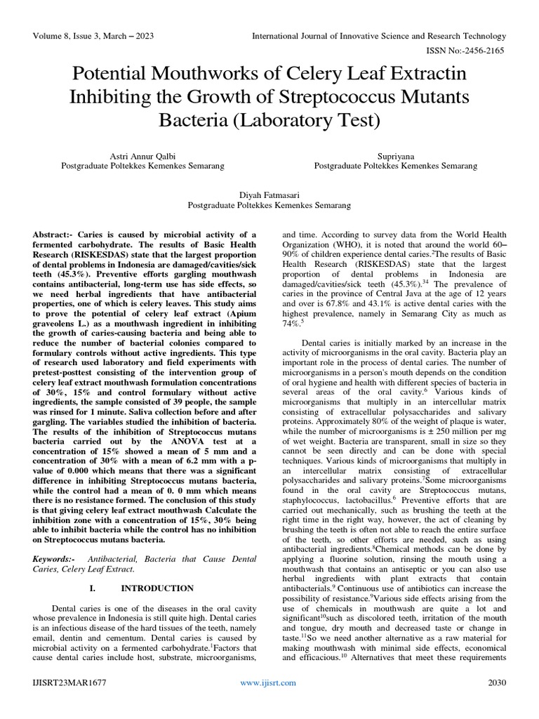 Potential Mouthworks of Celery Leaf Extractin Inhibiting The Growth of Streptococcus Mutants ...