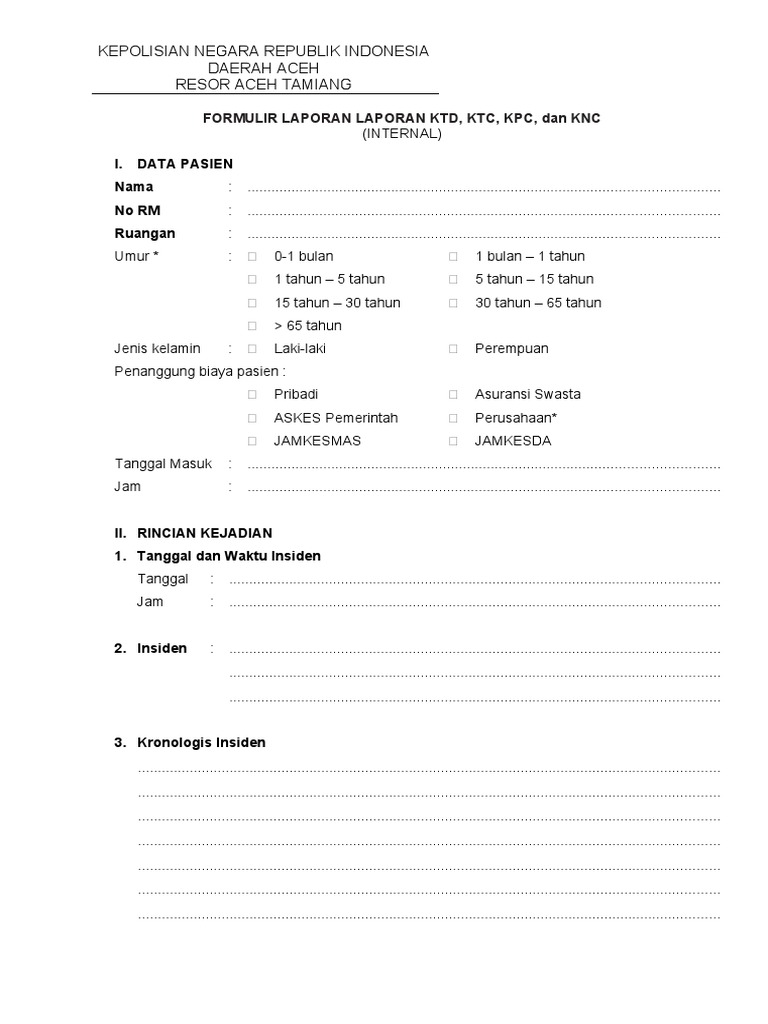 Format Laporan Kasus KTD KNC KPC KTC | PDF