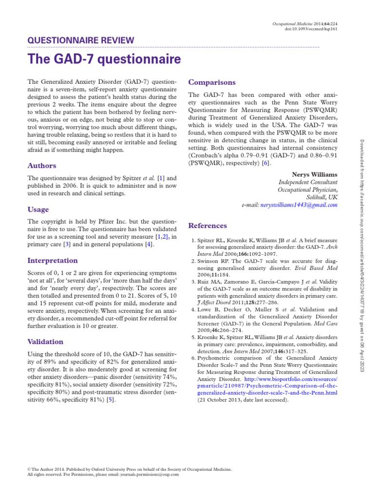 The Gad-7 Questionnaire | PDF | Anxiety Disorder | Generalized Anxiety Disorder