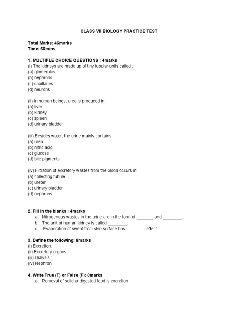 Class 7 Excretory System Practice Test | PDF
